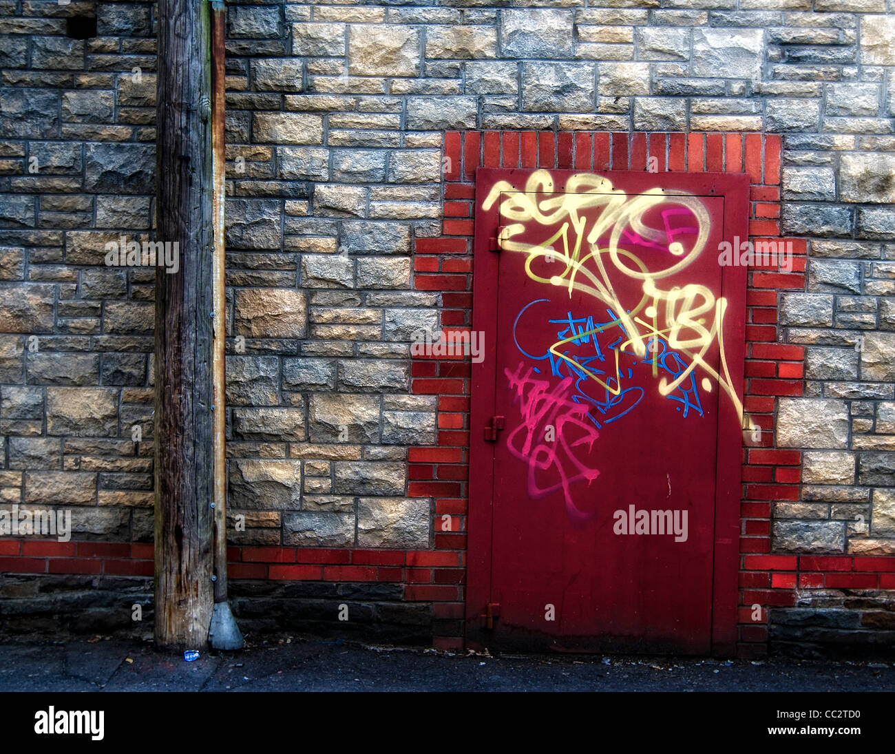Derelict door with graffiti and lampost Stock Photo - Alamy