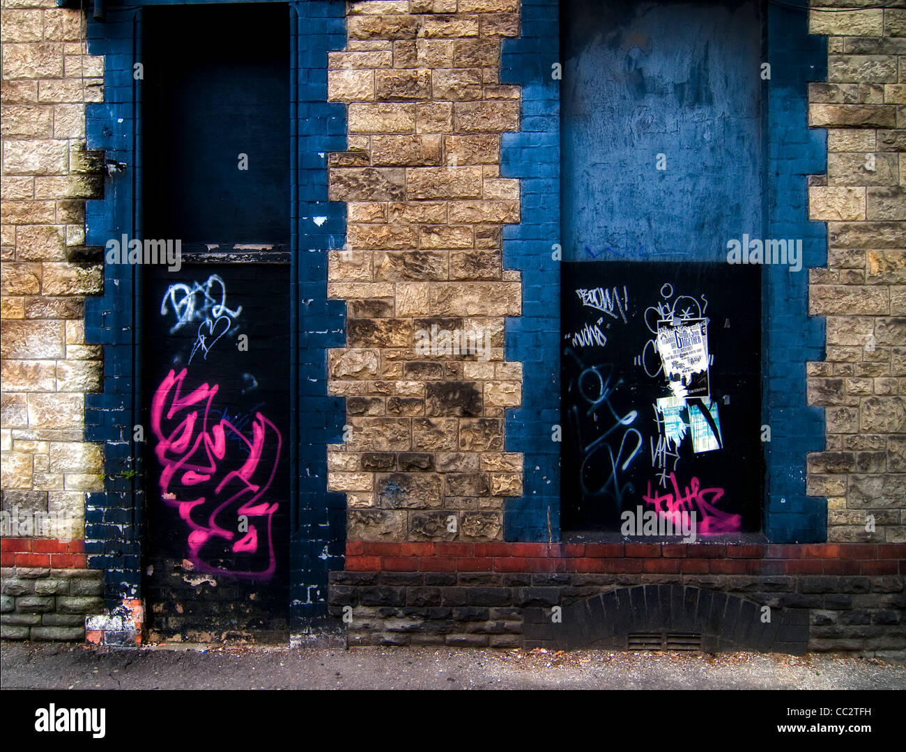 Derelict door and window with graffiti Stock Photo - Alamy