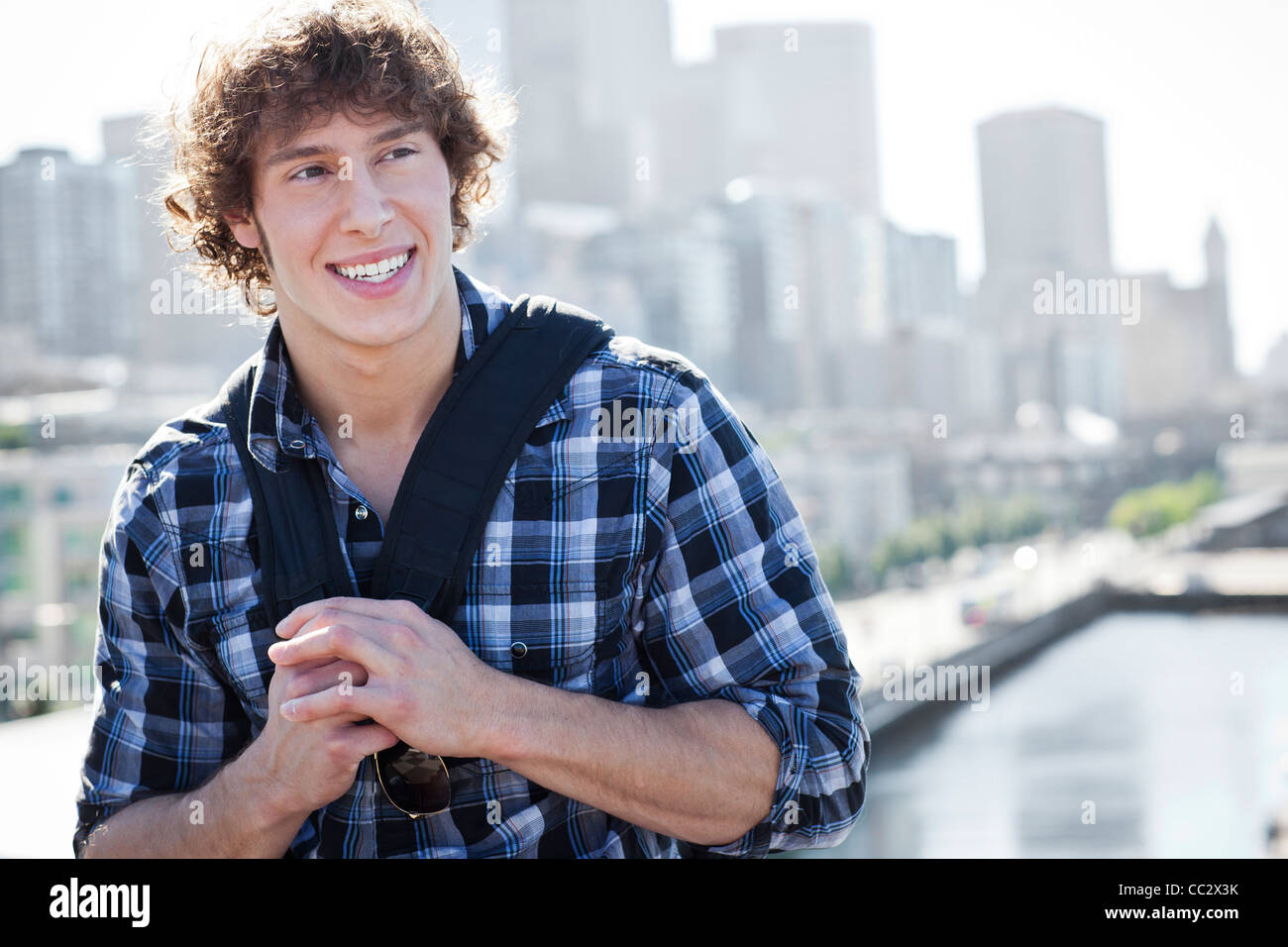 USA, Washington, Seattle, Man with skyline in background Stock Photo ...