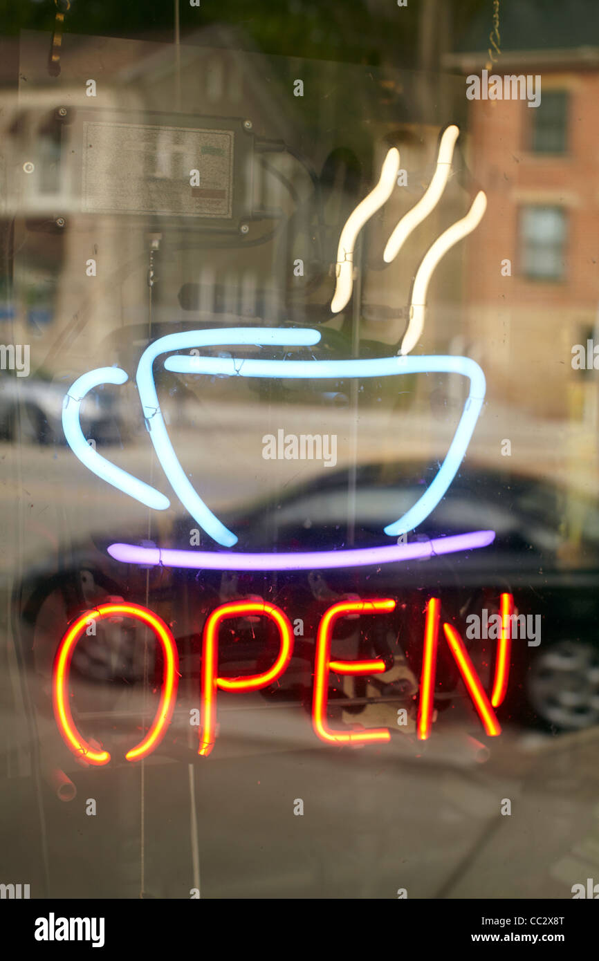 USA, New York State, Neon sign in cafe window Stock Photo - Alamy
