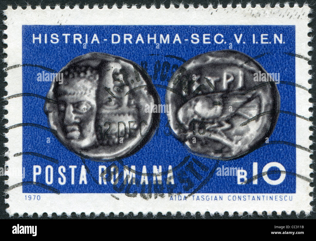 ROMANIA - CIRCA 1970: A stamp printed in the Romania, shows the drachma ...