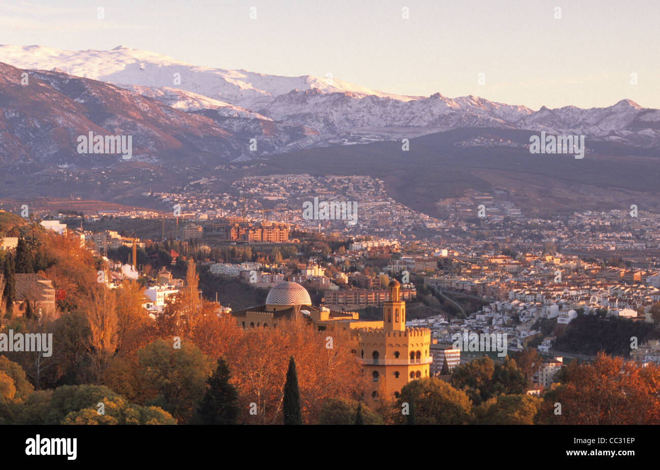 View of Granada and Sierra Nevada mountain range from Alcazaba fortress ...