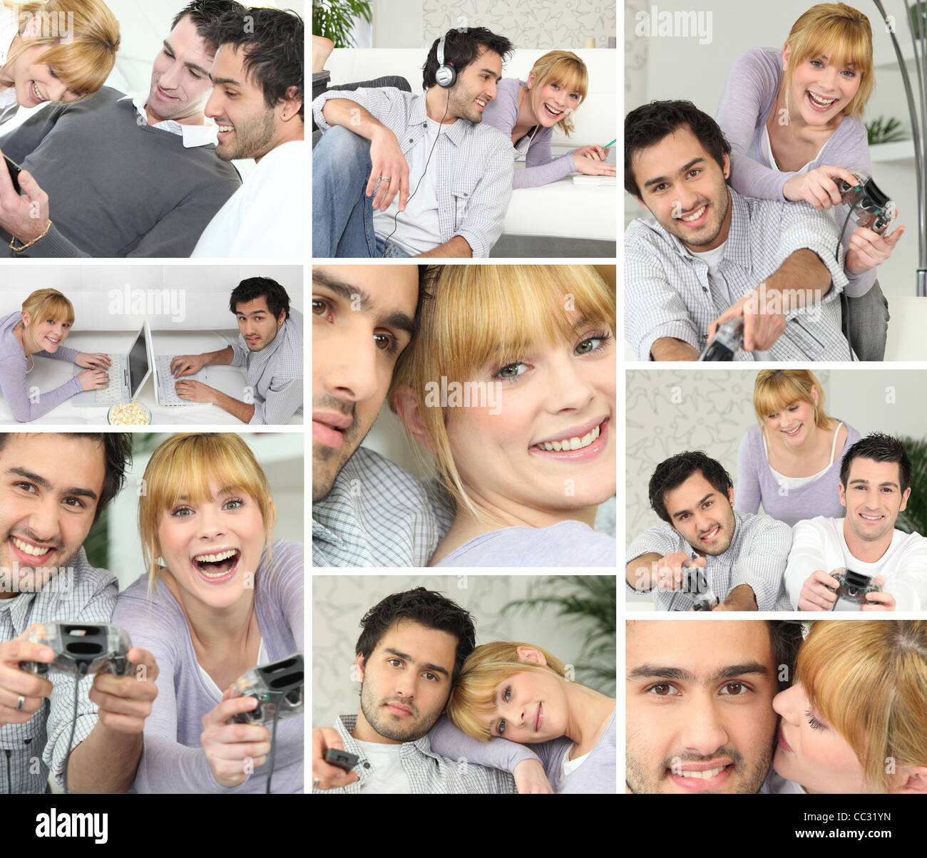 Montage of friends playing computer games Stock Photo - Alamy
