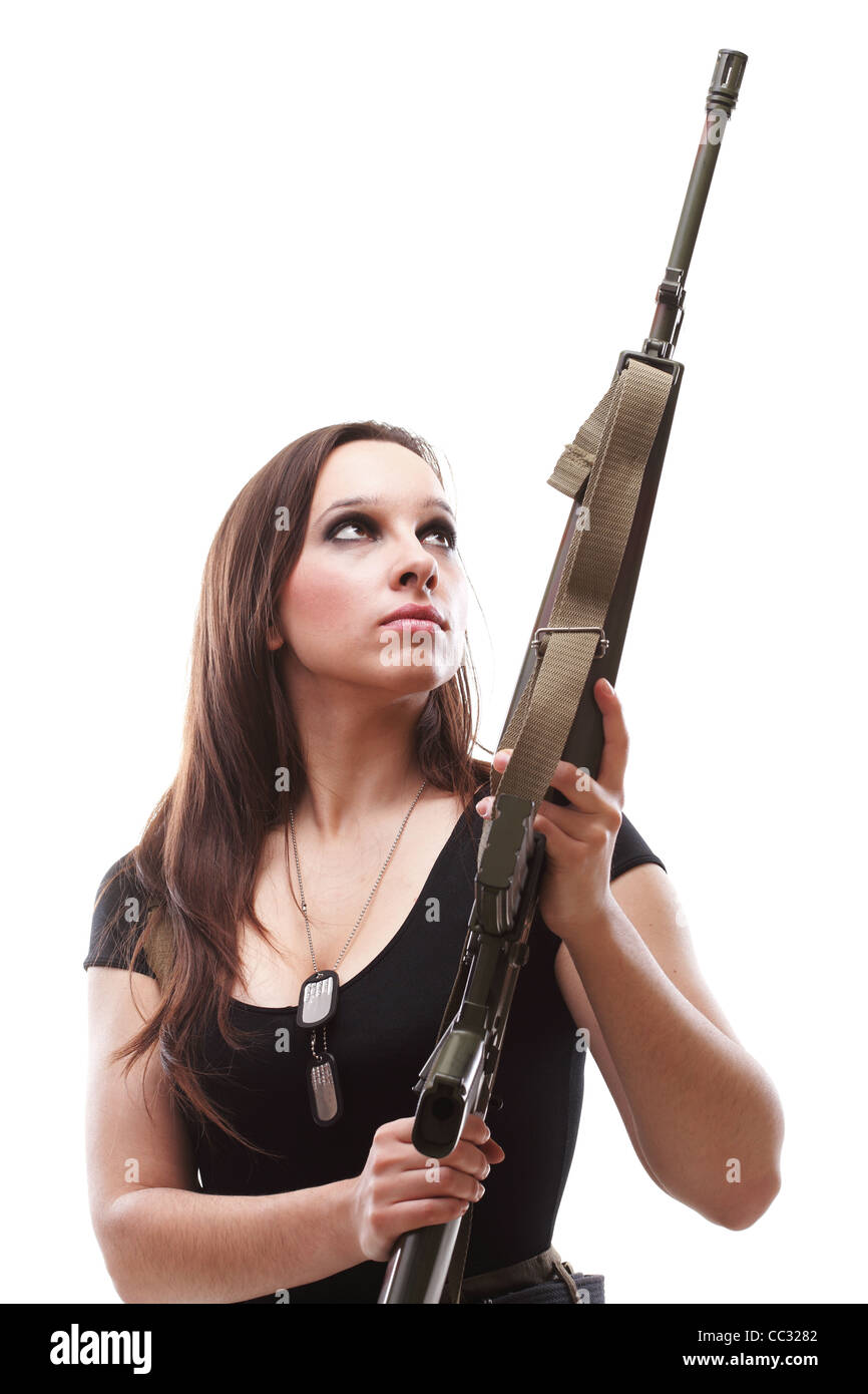 Beautiful woman with rifle plastic Military Army girl Holding Gun white ...