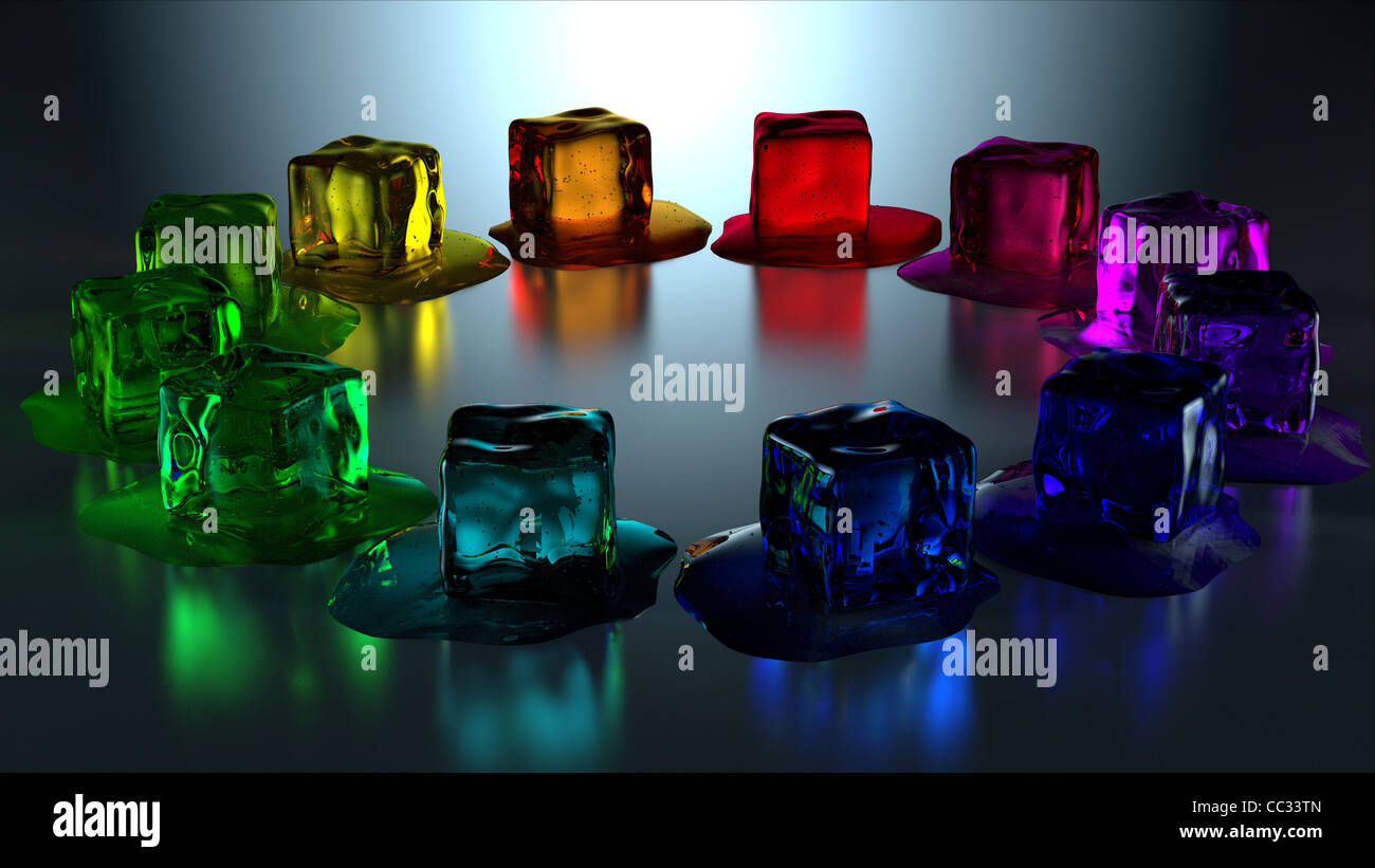 12 melting colored ice cubes in circle Stock Photo - Alamy