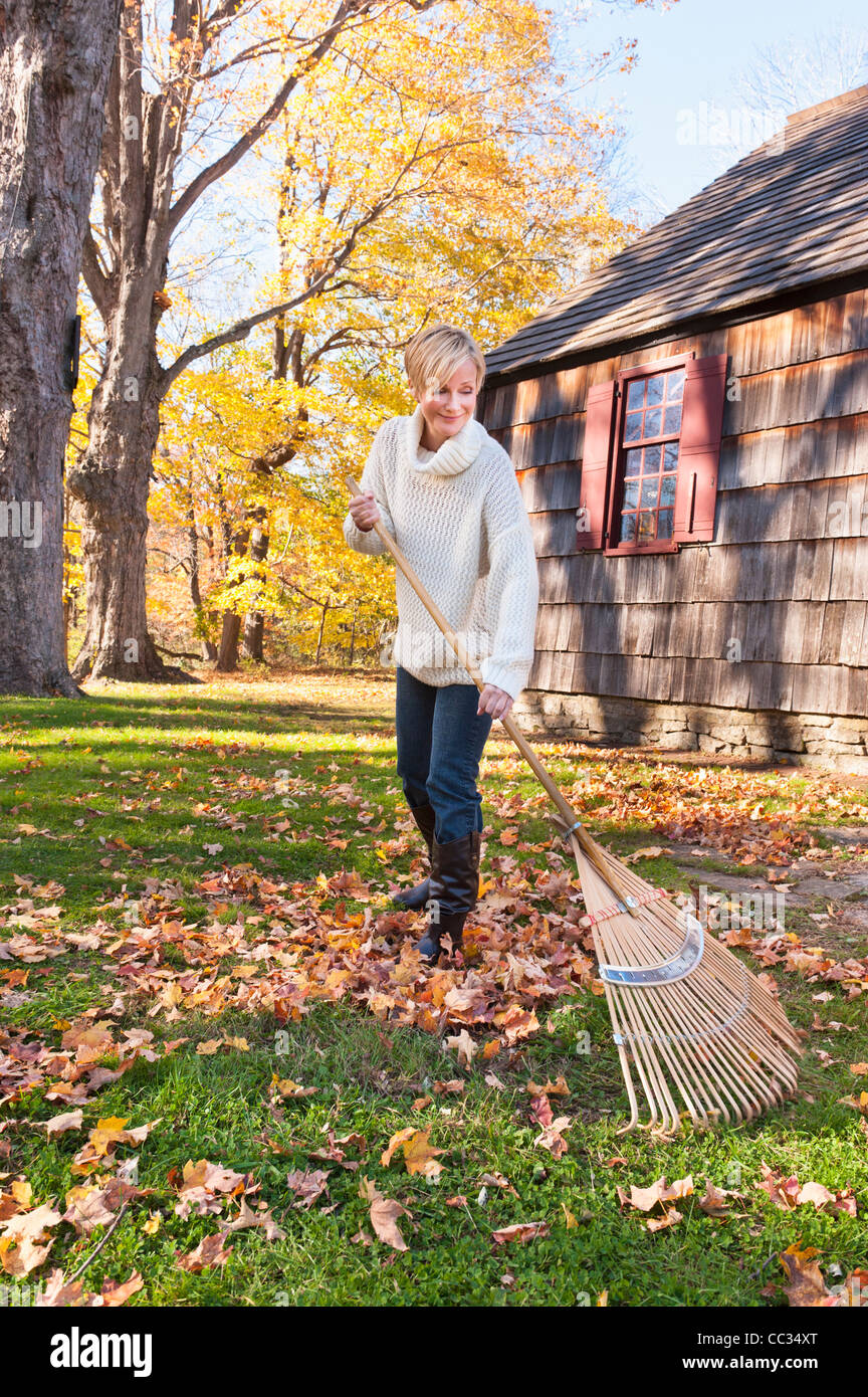 Woman raking leaves hi-res stock photography and images - Alamy