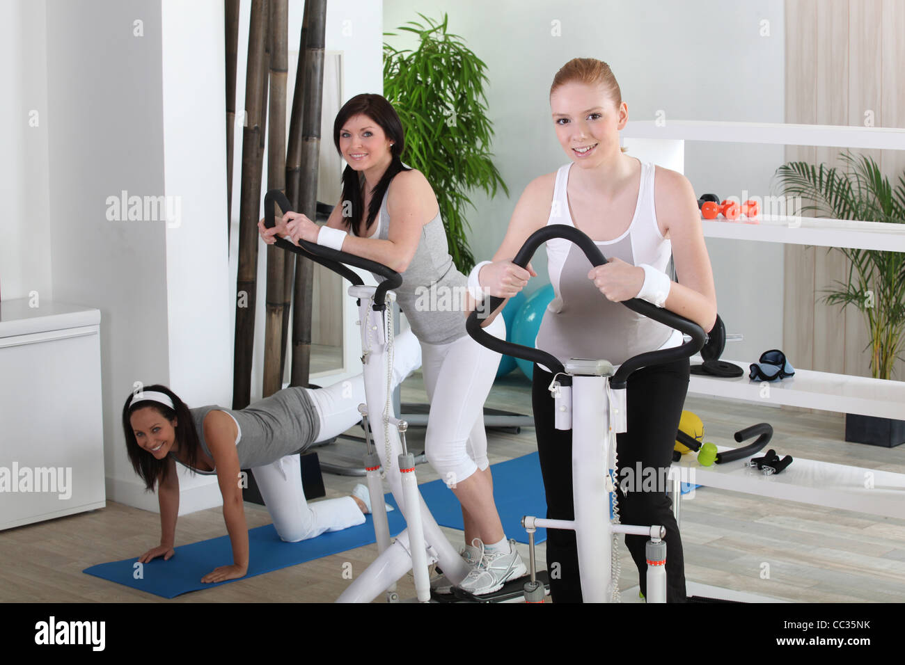 Young women using gym equipment Stock Photo - Alamy