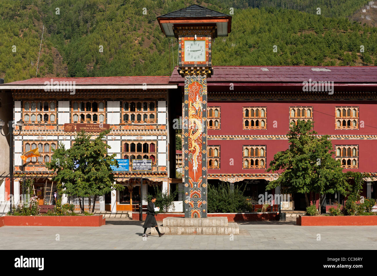 The central square with the clock tower in Thimphu, Bhutan Stock Photo ...