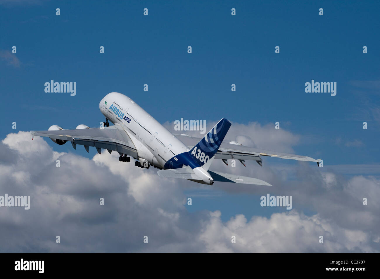 Airbus A380 flying in the sky above the clouds at Farnborough air show ...