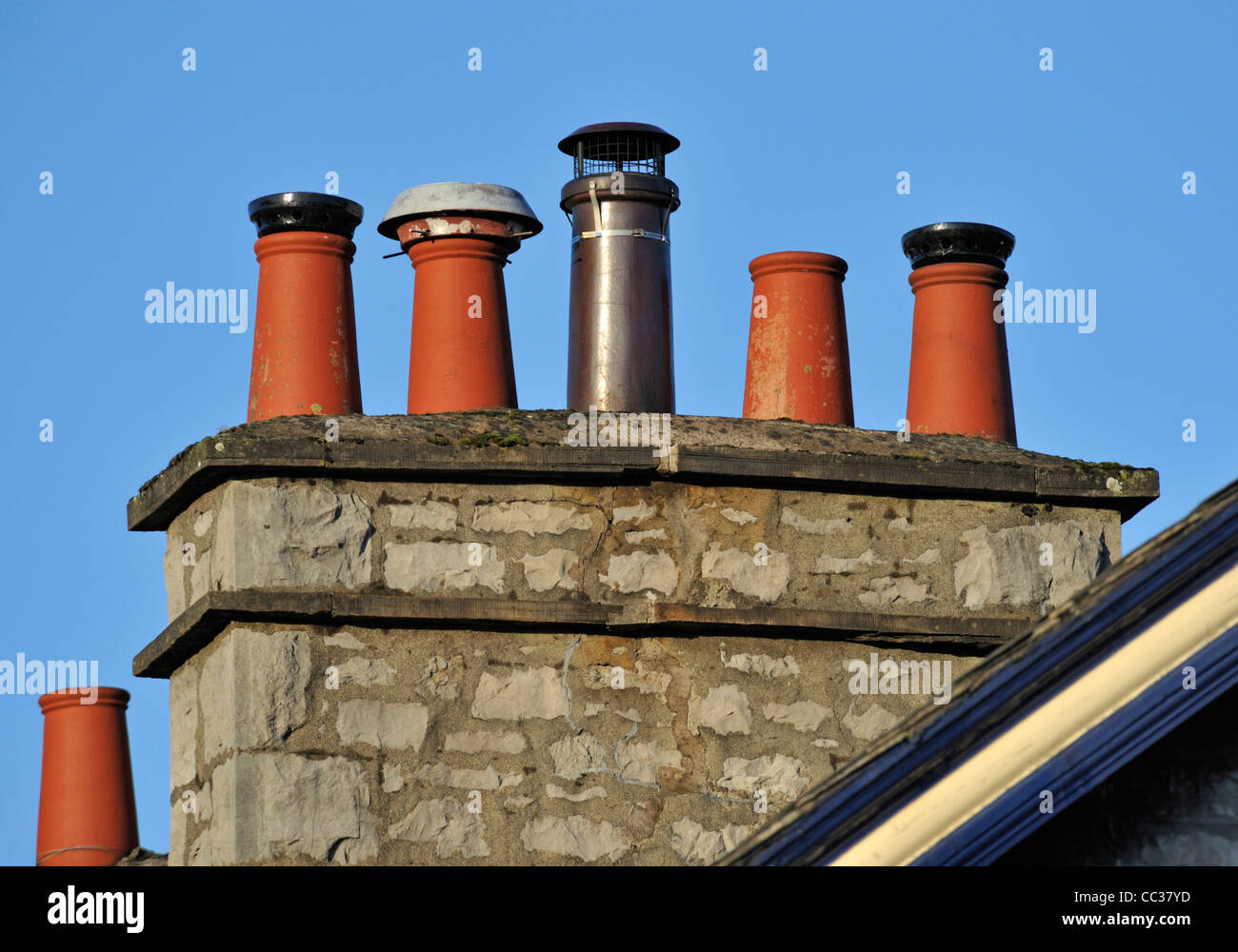House chimney stack with five pots. Lound Road, Kendal, Cumbria ...