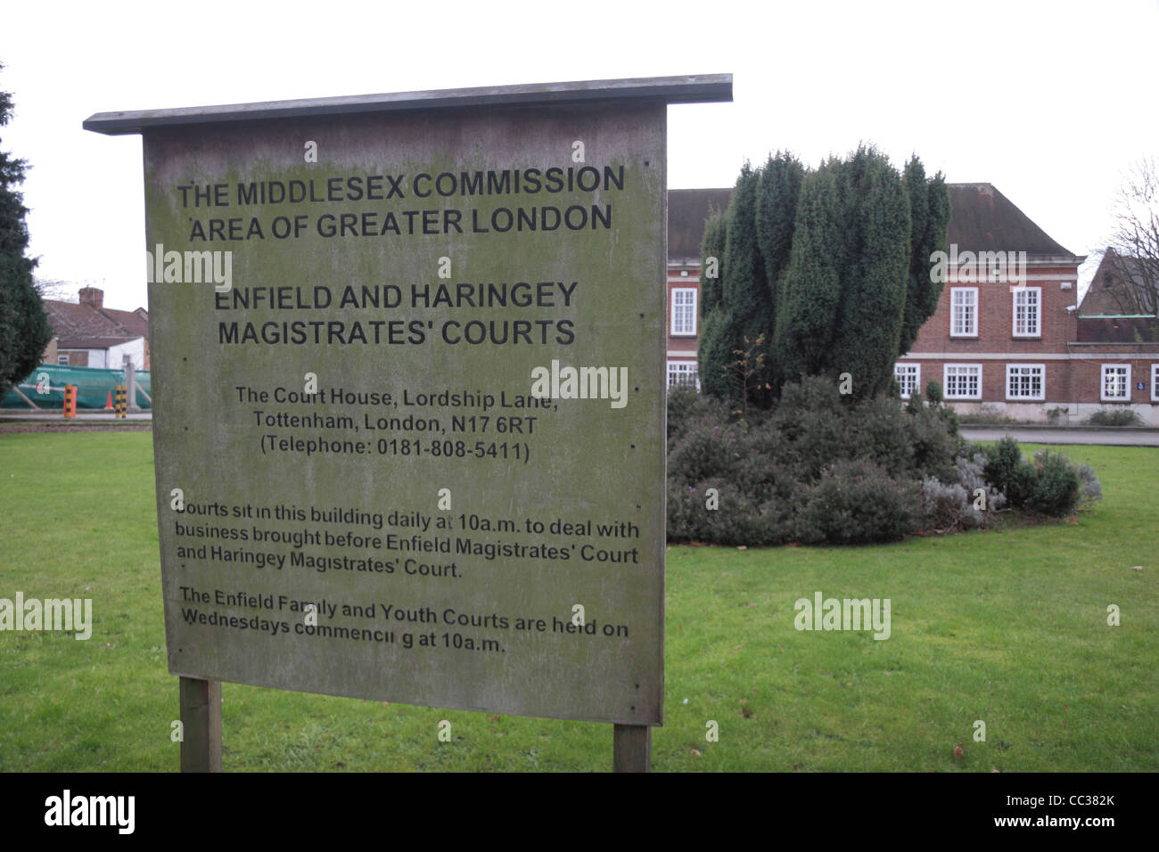 Sign outside Enfield and Haringey Magistrates' Courts in North London ...