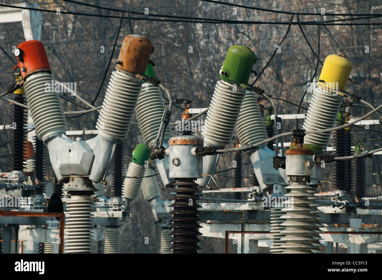High-voltage wires and transformers. Electrical distribution station ...