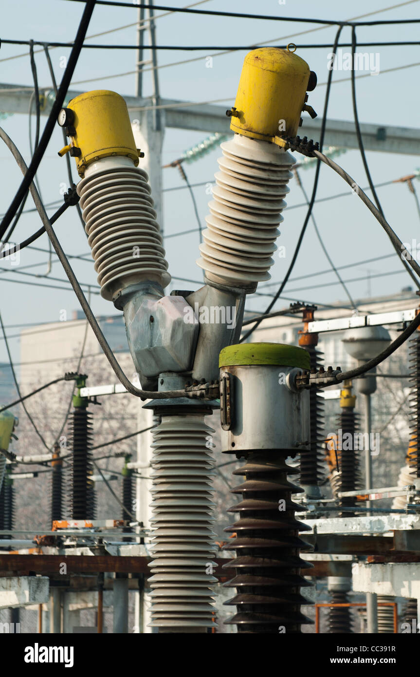 High-voltage wires and transformers. Electrical distribution station ...