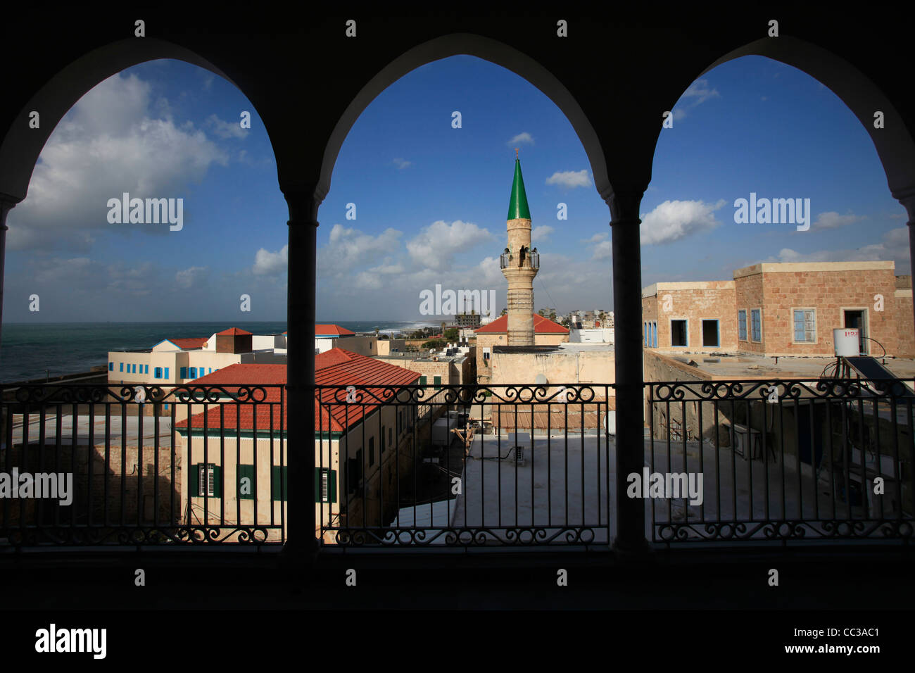 View through arched window in the old city of Acre or Akko Northern ...