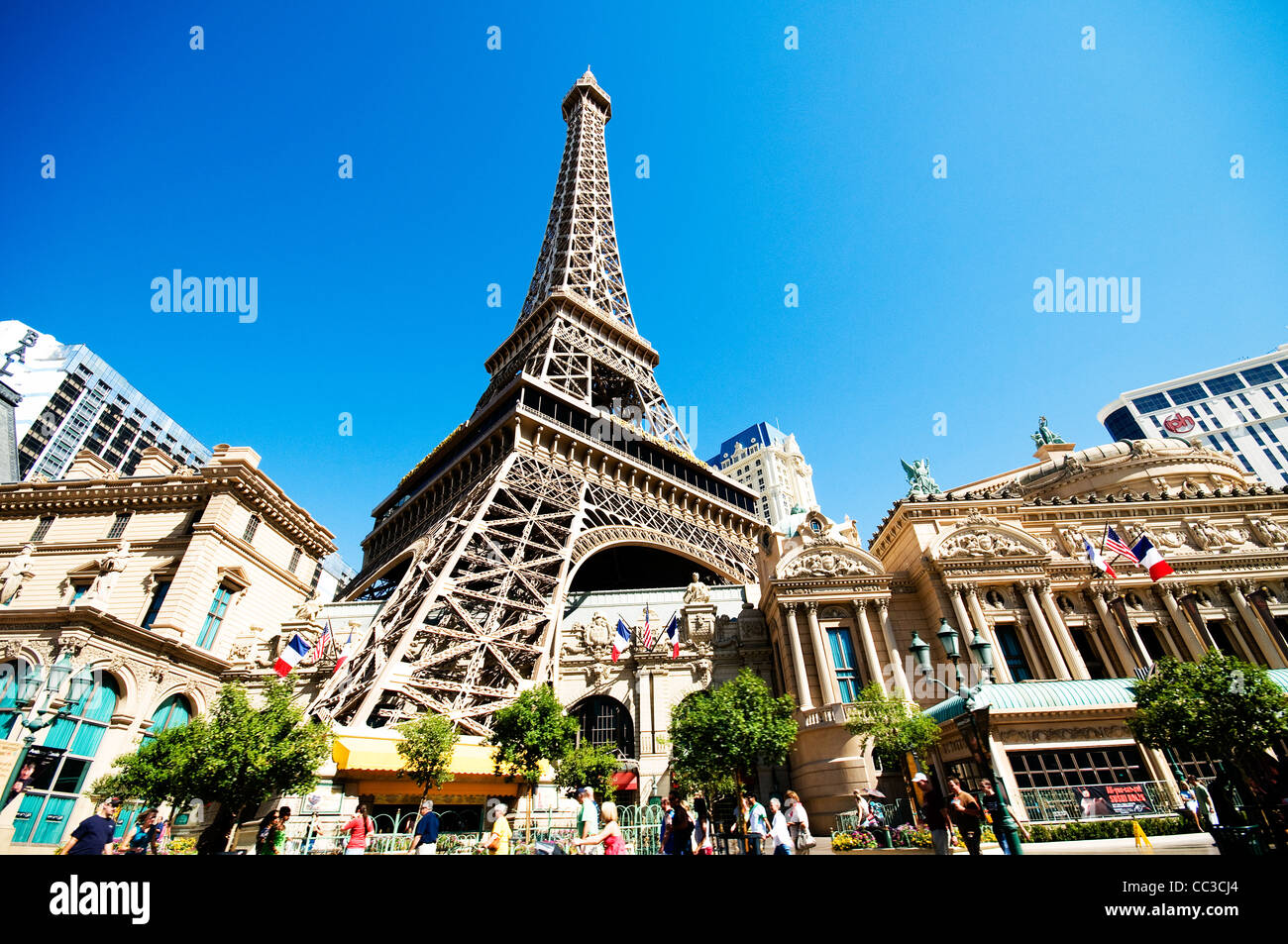 Wide low angle photograph of the replica Eiffel Tower in Las Vegas ...
