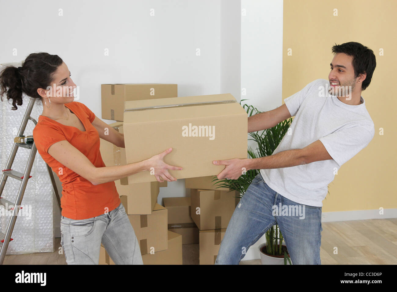 Couple carrying moving boxes Stock Photo - Alamy
