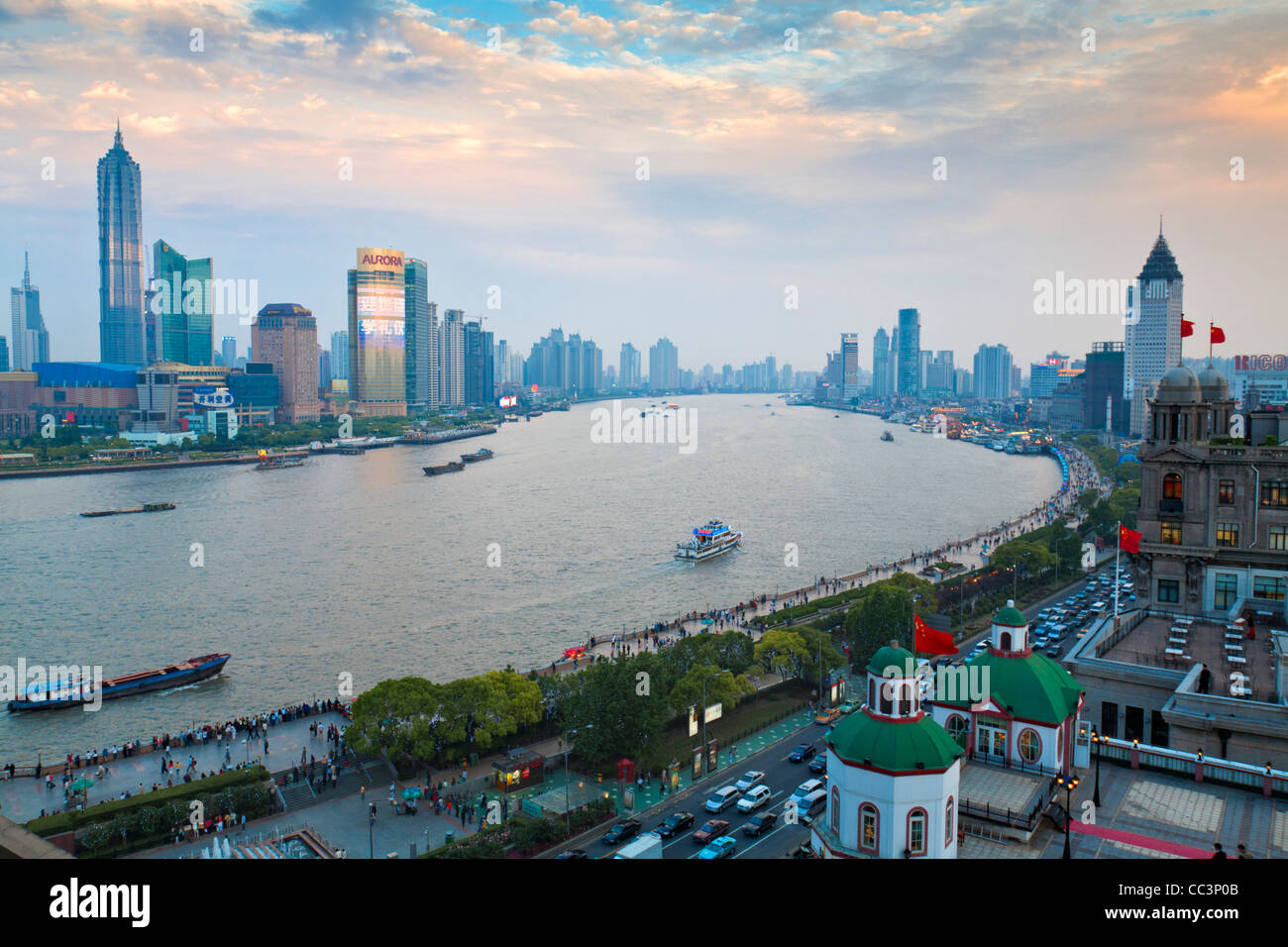 China, Shanghai, View of Pudong Skyline, The Bund, and Huangpu River ...