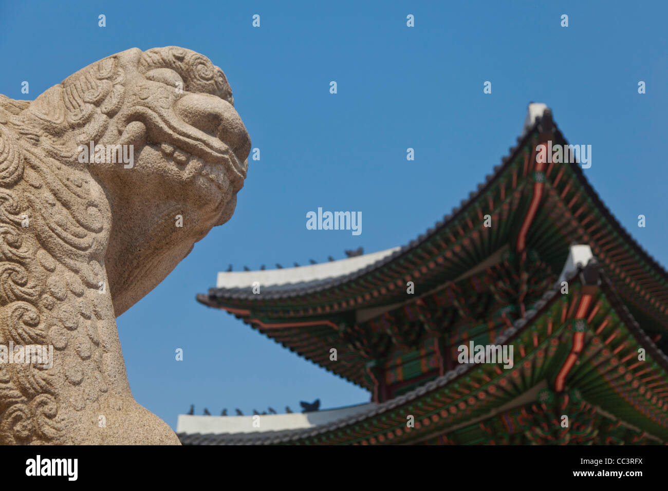 Korea, Seoul, Gyeongbokgung Palace, Haetae, a stone mythical creature ...