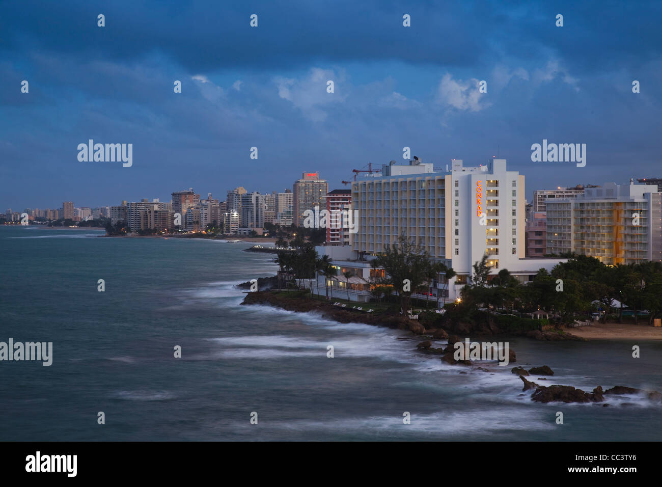 Puerto Rico, San Juan, elevated view of Condado hotels, evening Stock ...