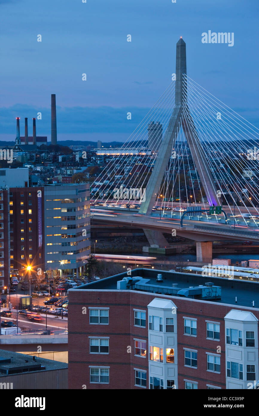 USA, Massachusetts, Boston, Leonard Zakim Bridge, Rt. 93, dusk Stock ...