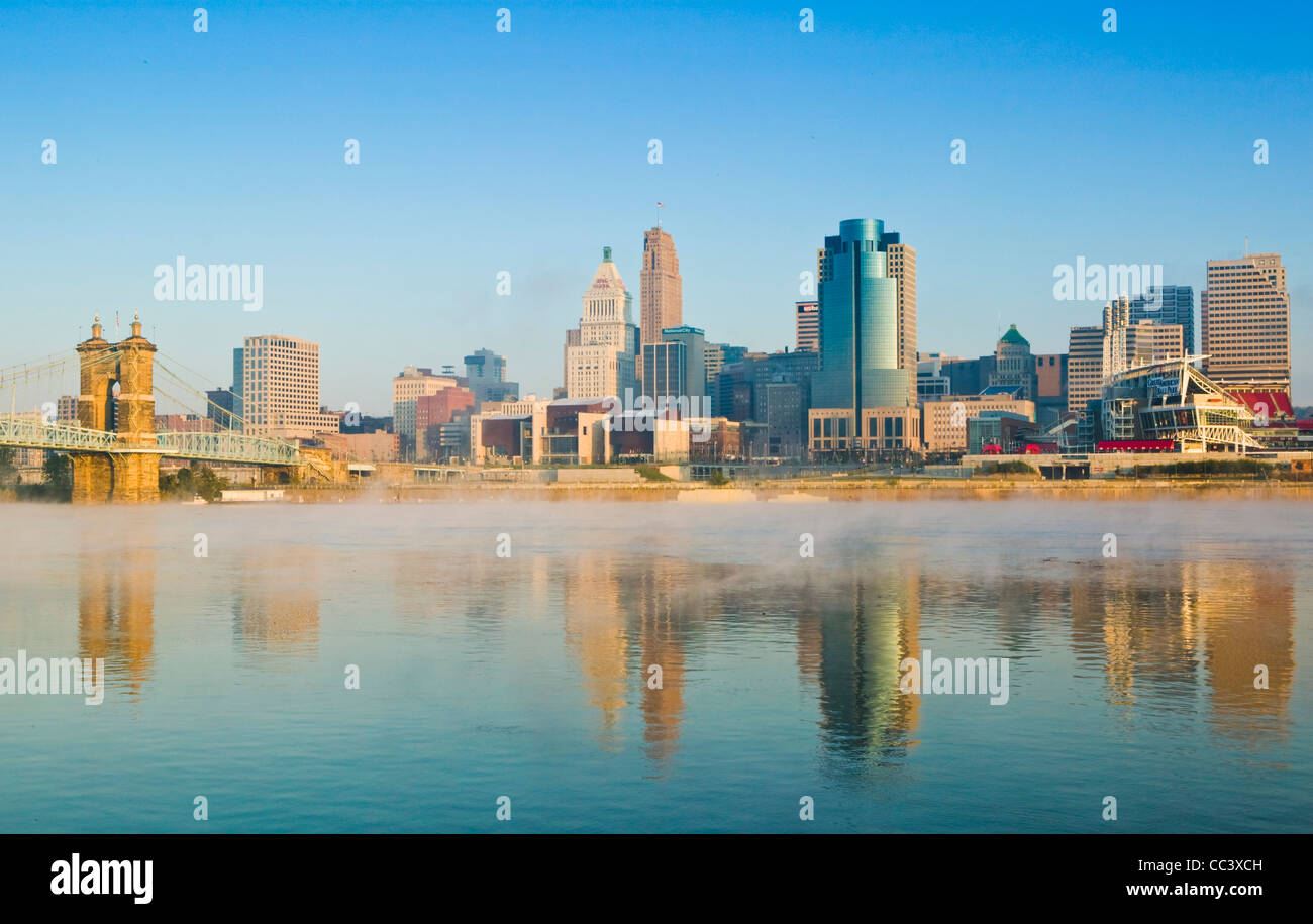USA, Ohio, Cincinnati, Skyline with fog on the Ohio River Stock Photo ...