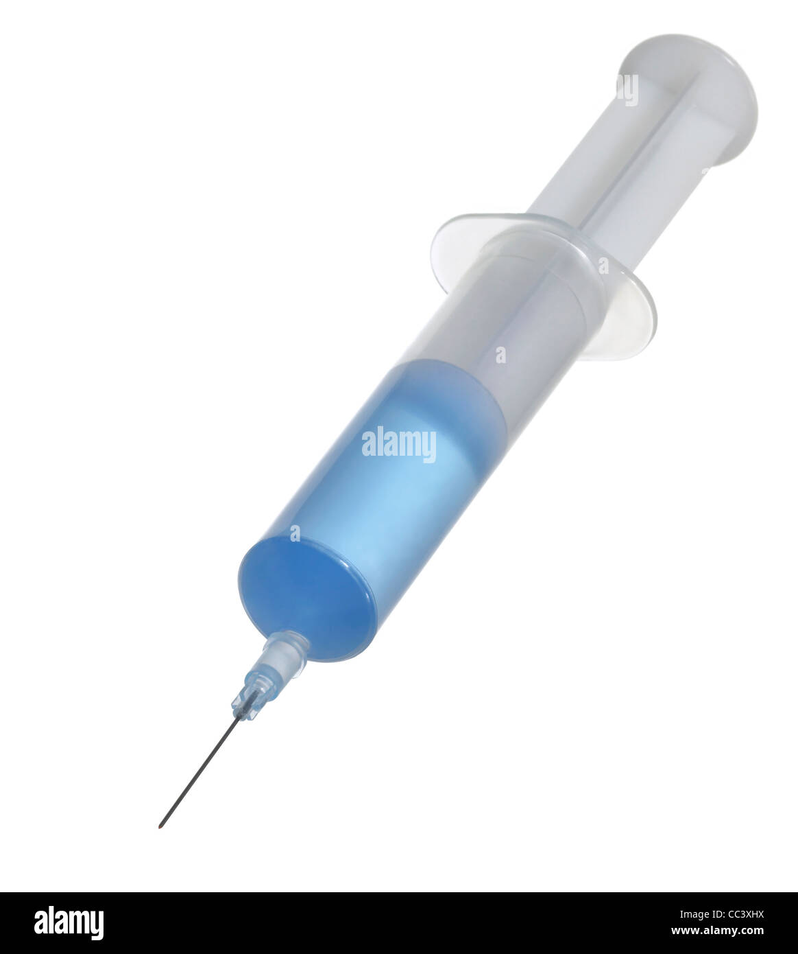 studio photography of a dynamic syringe filled with blue liquid ...