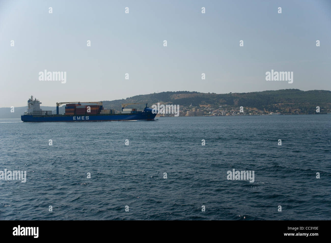 Kilid Bahr Fort Gallipoli and a container ship on the Dardanelles from ...