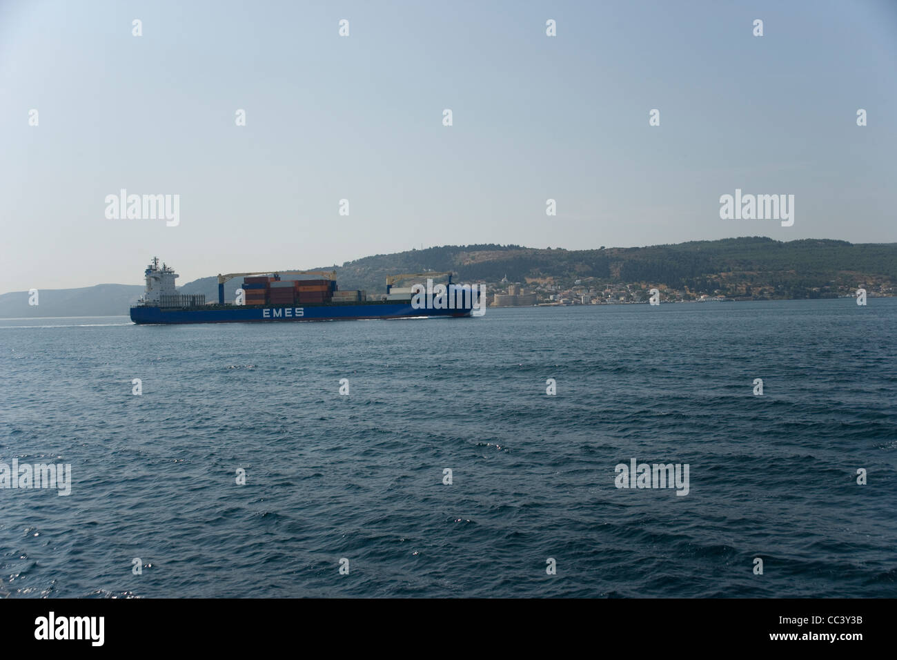 Kilid Bahr Fort Gallipoli and a container ship on the Dardanelles from ...