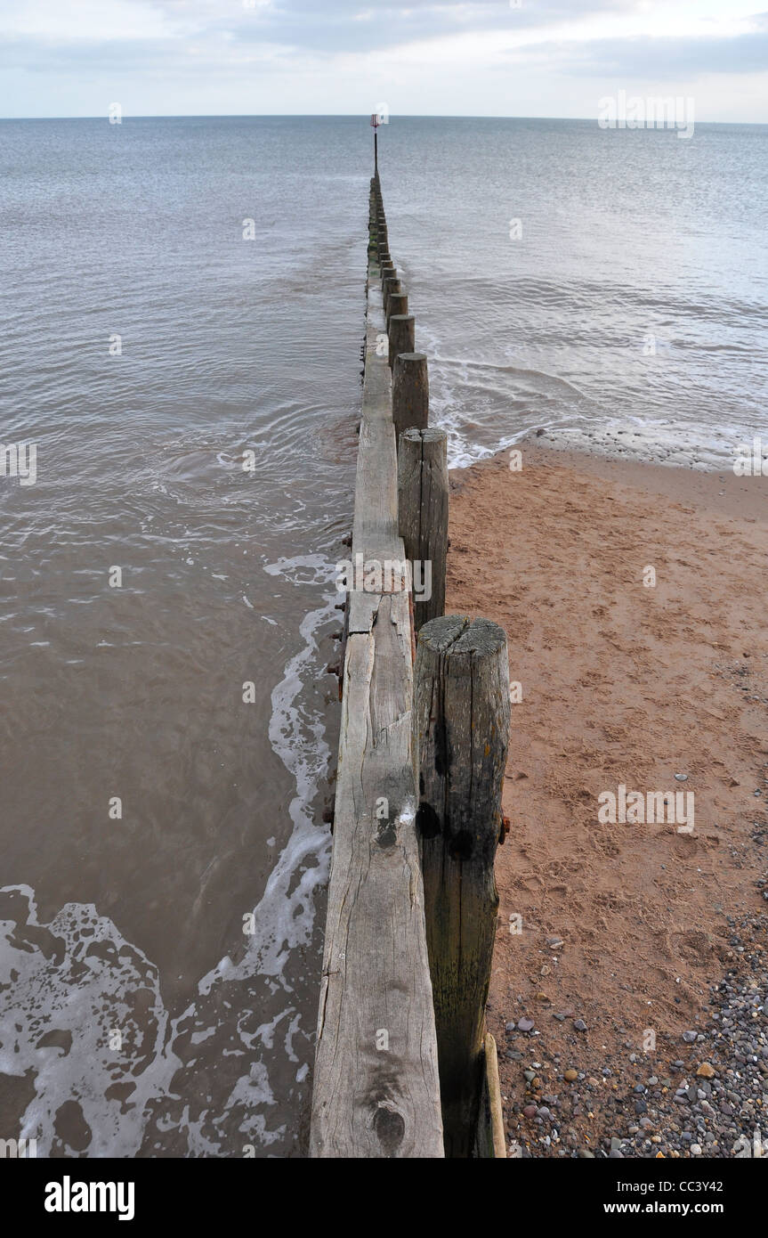 Beach groyne at Dawlish Warren, Devon. Groynes offer beaches some ...
