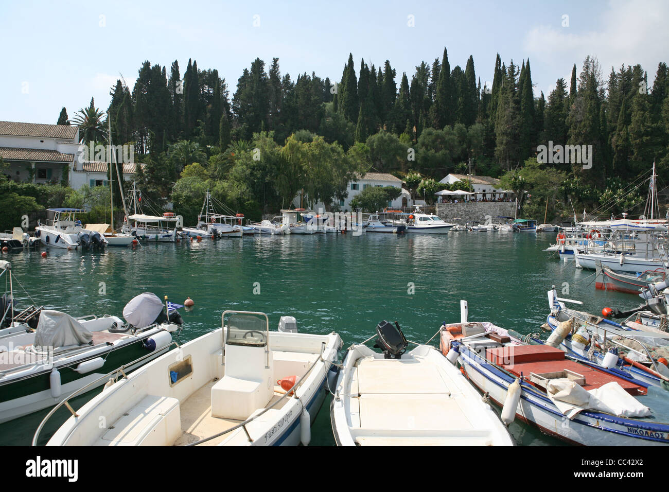 Kouloura harbour and Chouchoulio beach in Kouloura bay Corfu Kerkyra ...