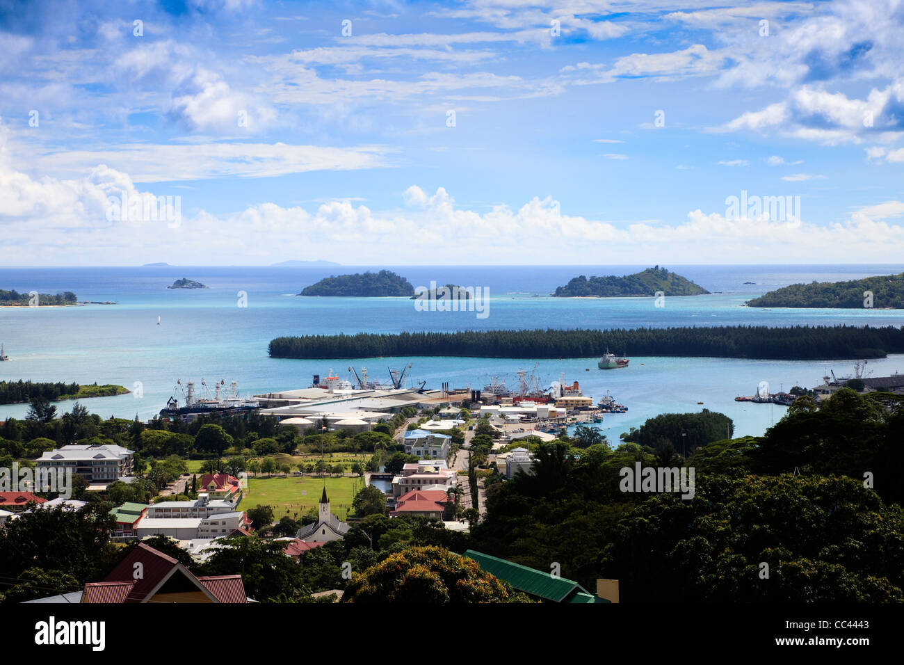 View over Victoria harbour to the islands of Grand Manon, Cerf Island ...