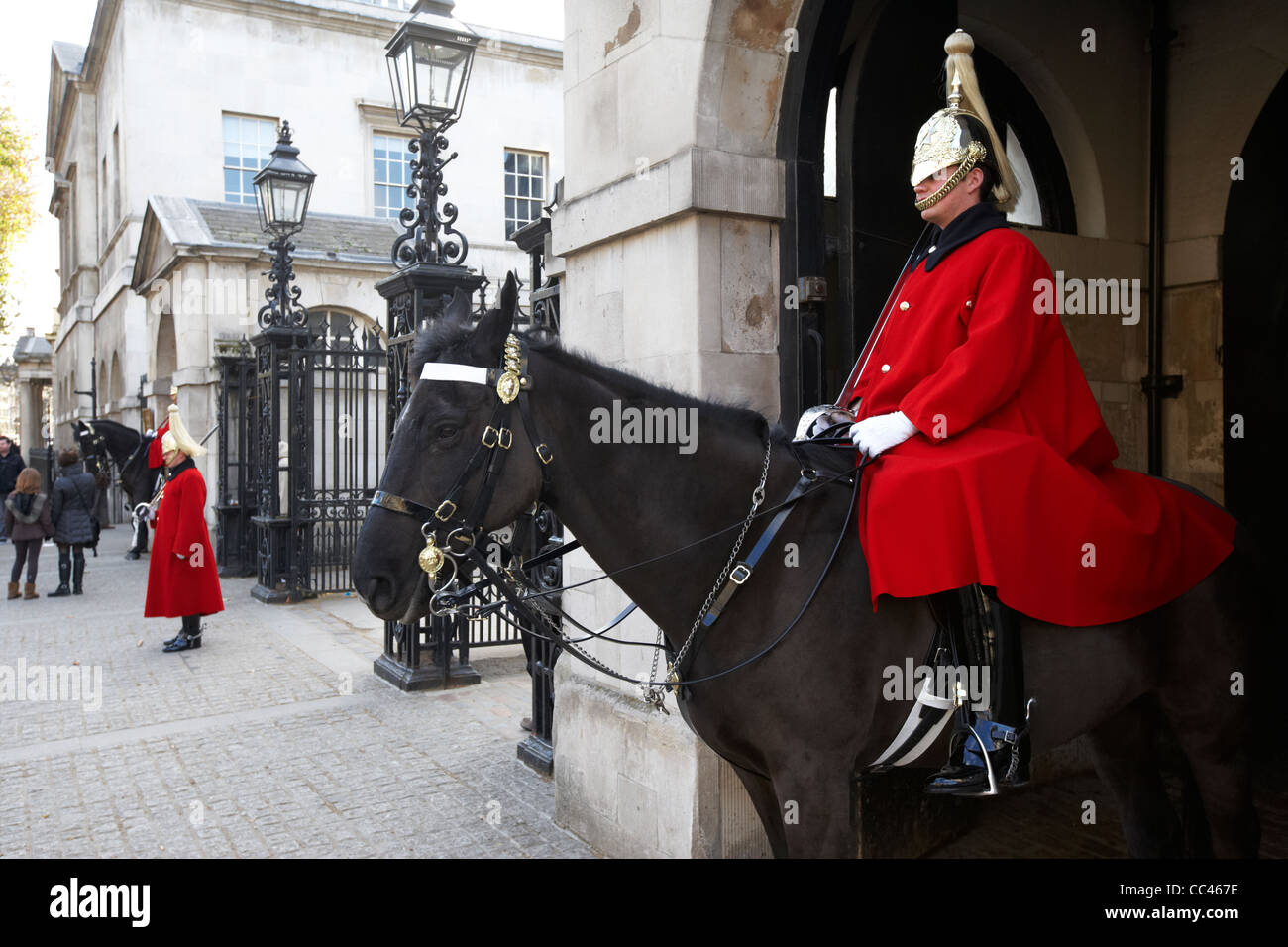 The Household Cavalry Life Guards on guard duty in Whitehall London ...