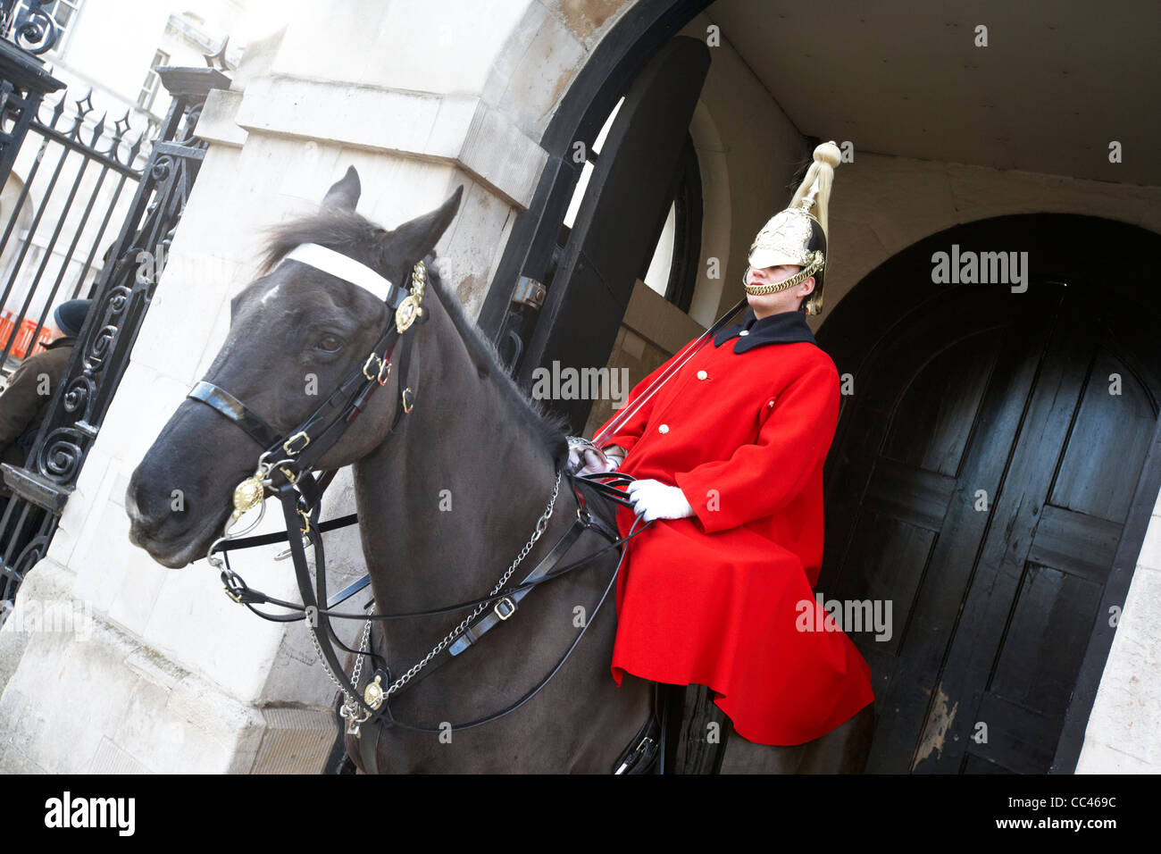 The Household Cavalry Life Guards on guard duty in Whitehall London ...