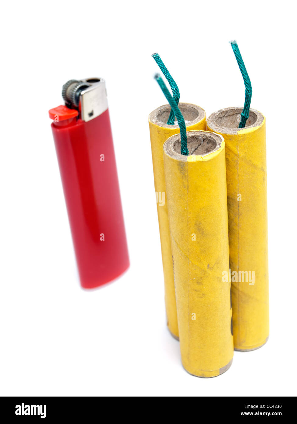 Three firecrackers and lighter on a white background Stock Photo - Alamy