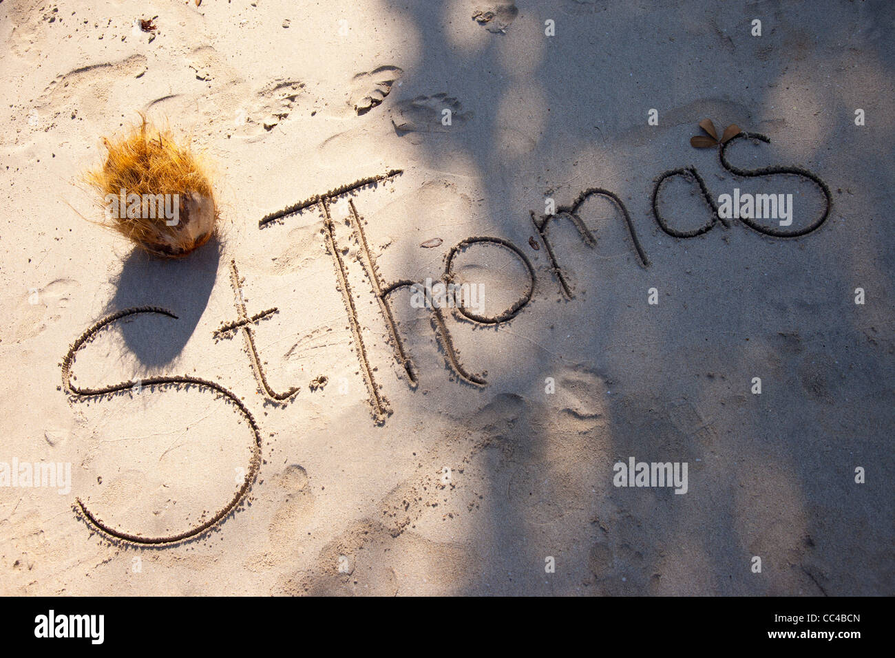 "St Thomas" written in the sand at Megan's Bay, St Thomas, US Virgin ...