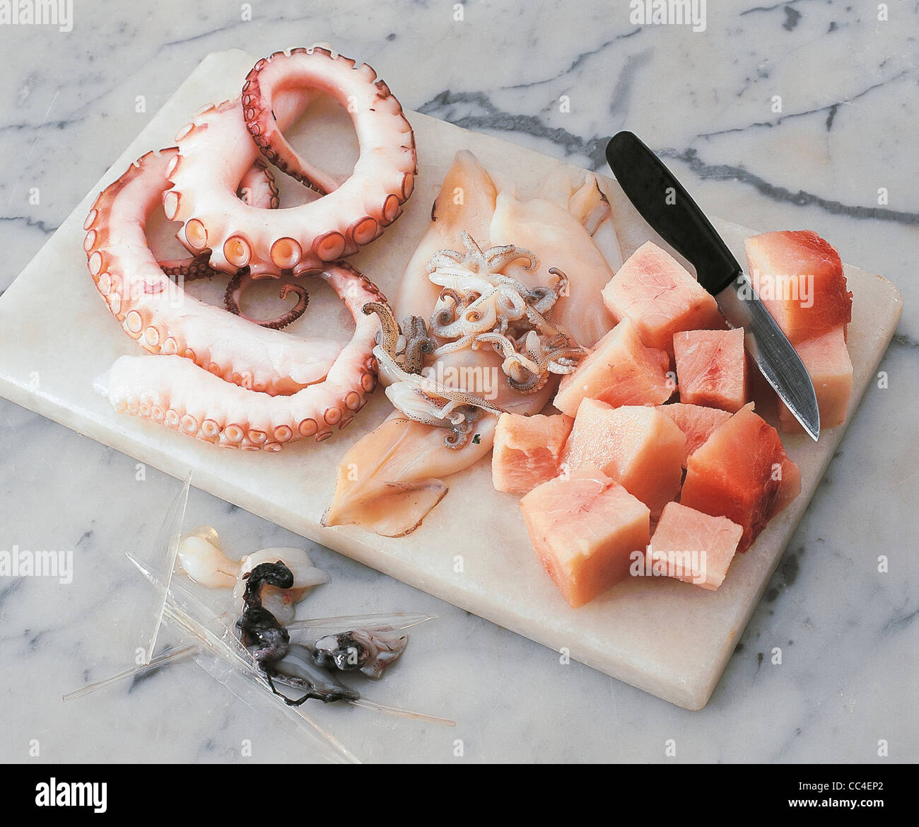 Cuisine: Fish Skewers And Grapefruit With Citrus Salsa (4 Stock Photo ...