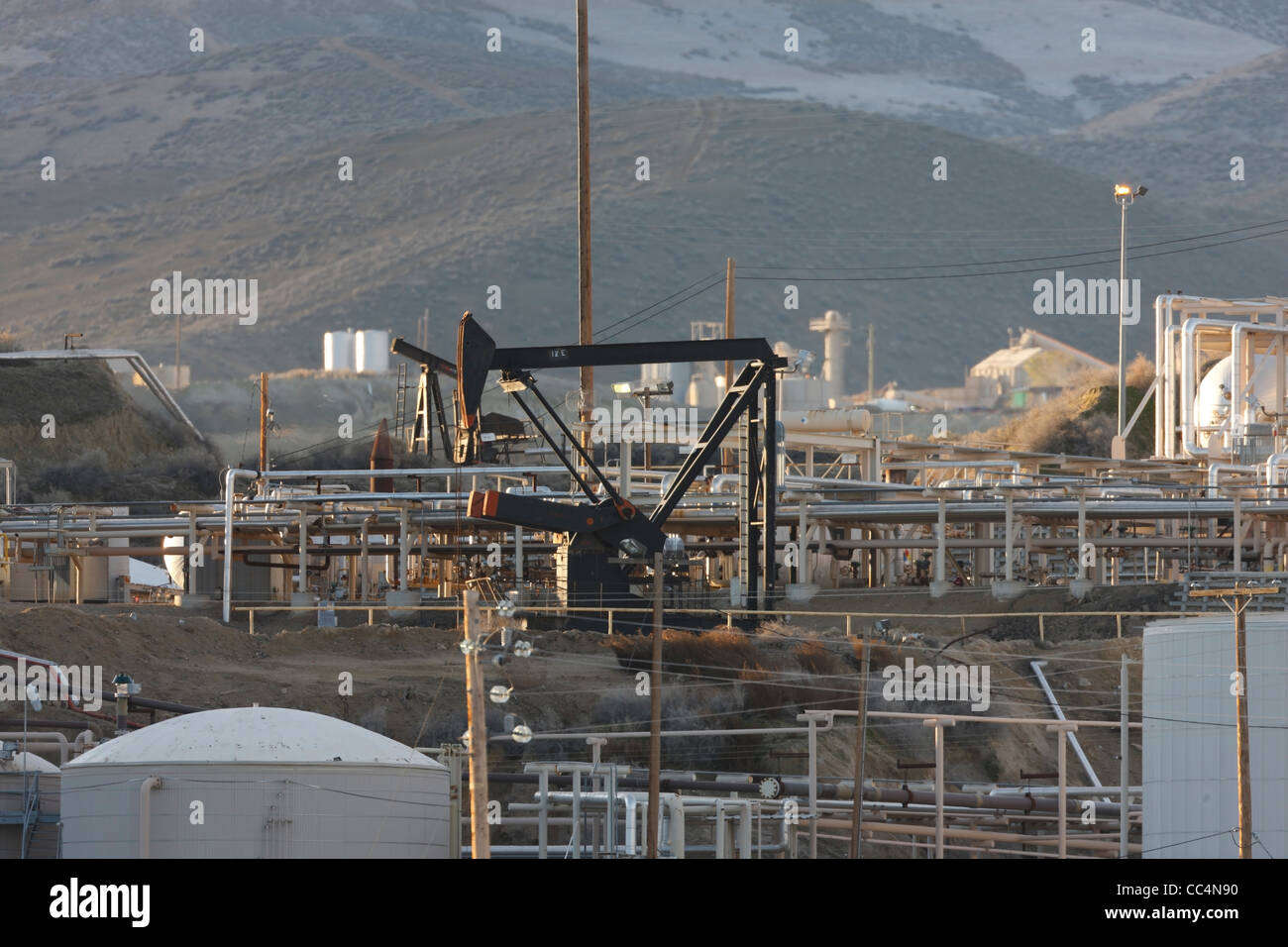 An oil holding and processing facility on the Midway-Sunset oil field ...