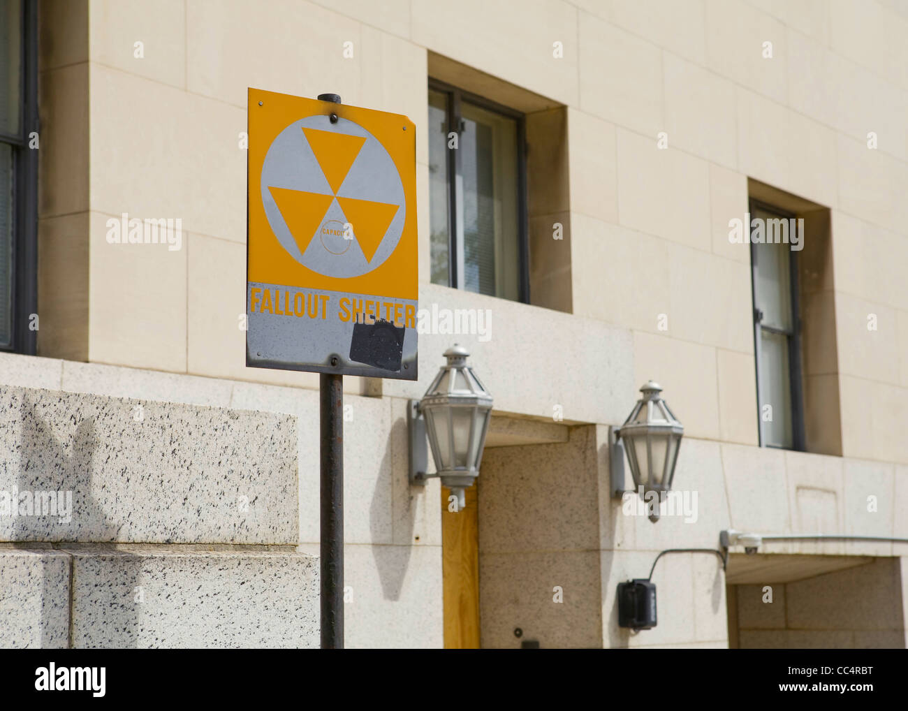 Nuclear fallout shelter sign in front of a US government building ...