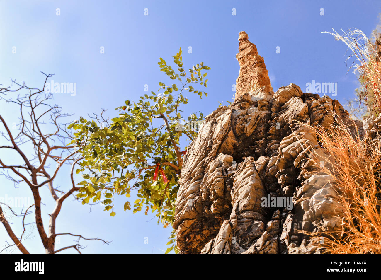 Horizontal landscape of rock formation and man made rock structure with ...