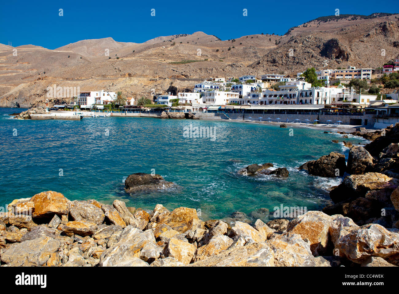 Small village with traditional white houses in South Crete island in ...