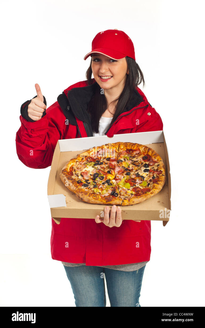 Successful delivery worker woman giving thumb up and showing big pizza ...