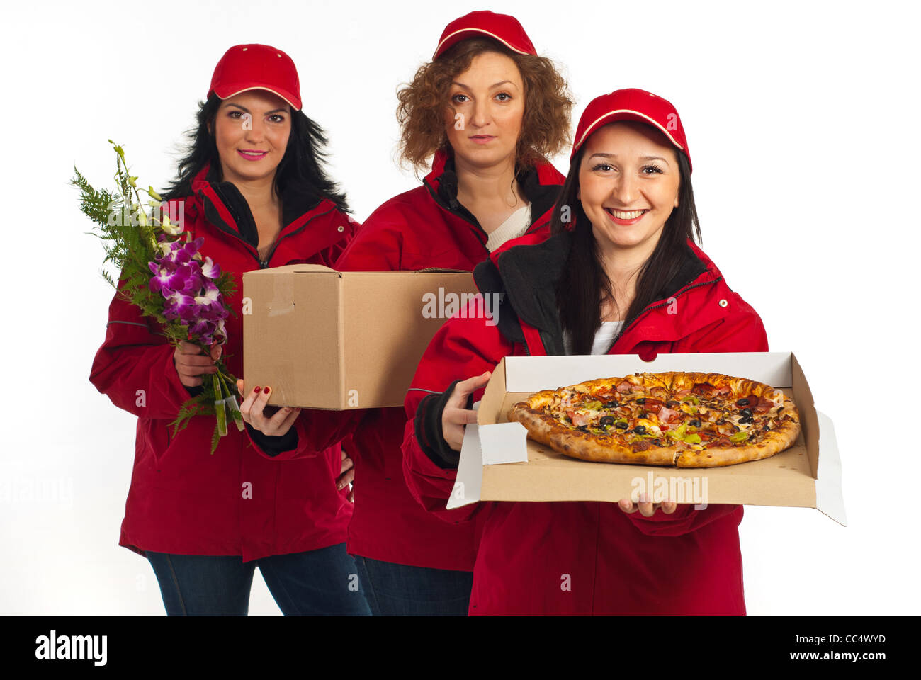 Team of three delivery women holding different things isolated on white ...