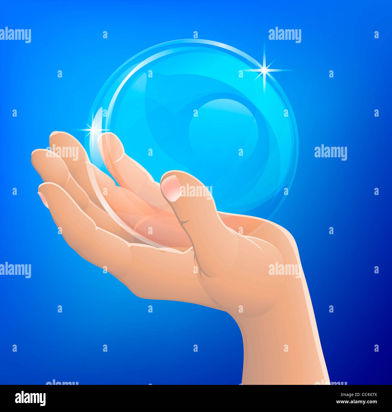 An illustration of a hand holding a bubble or crystal ball Stock Photo ...