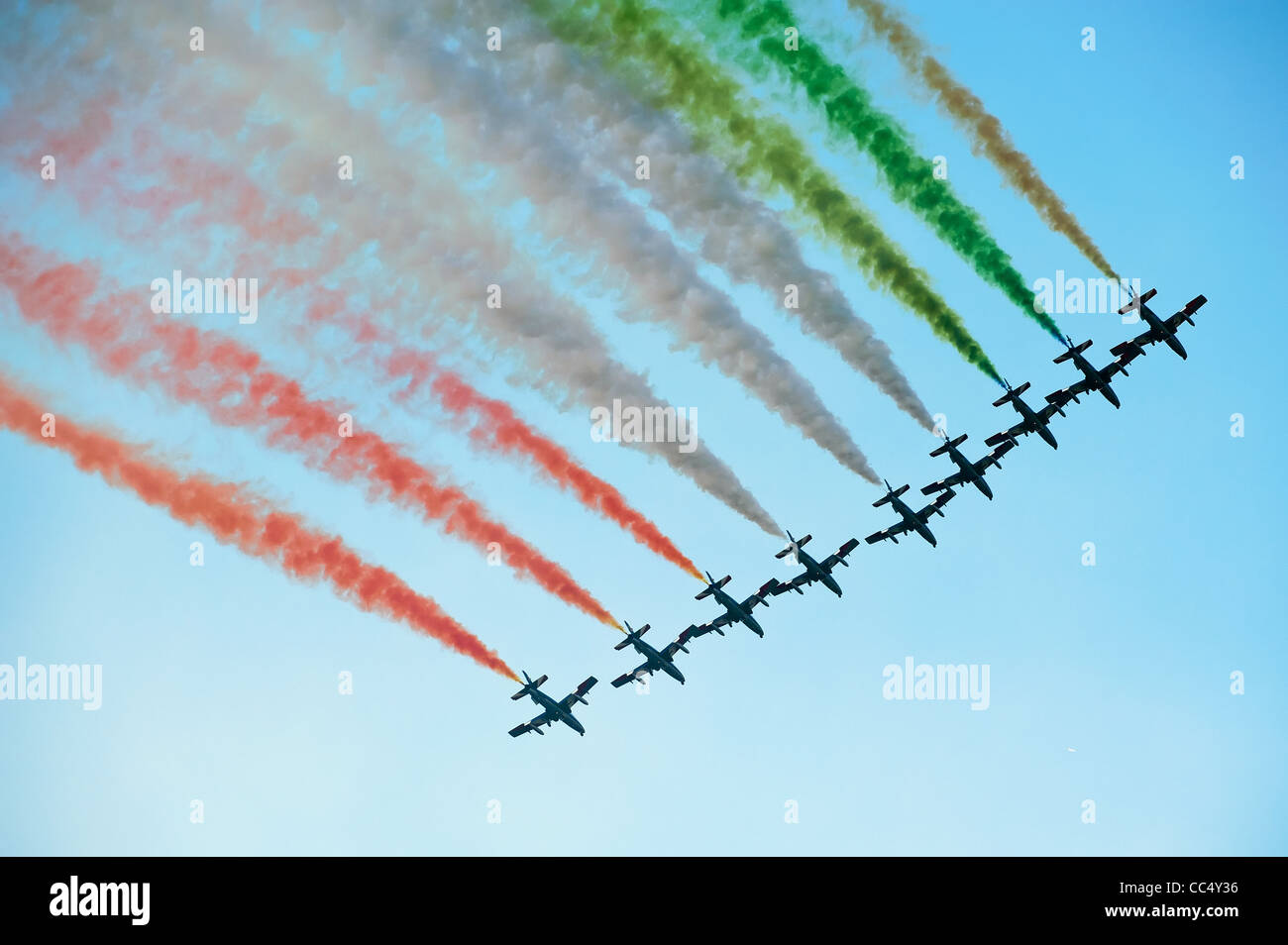 Italian demoteam Frecce Tricolori, flying in formation with colored ...