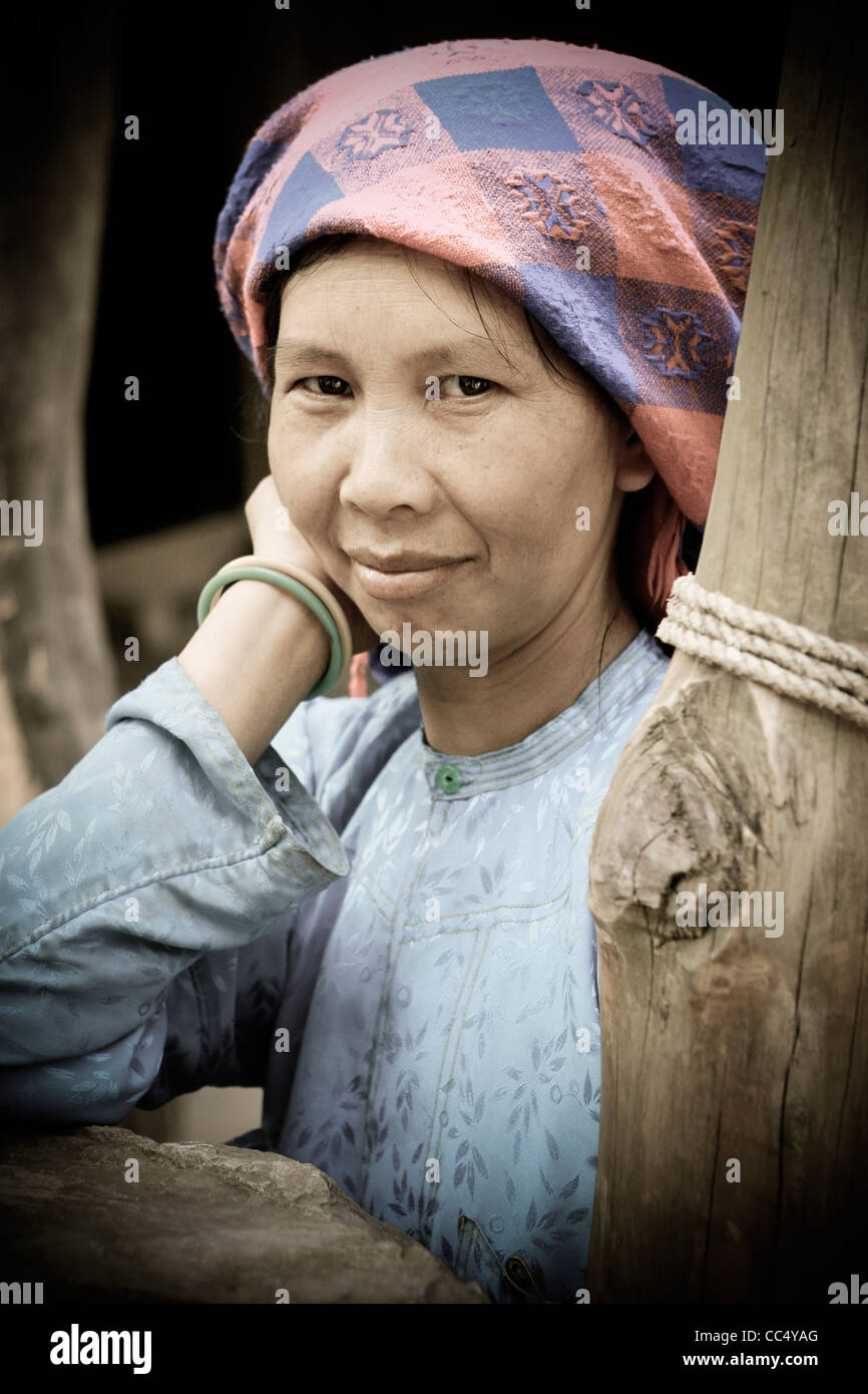 Portrait of a traditional White Hmong tribeswoman at Pho Lao on the ...