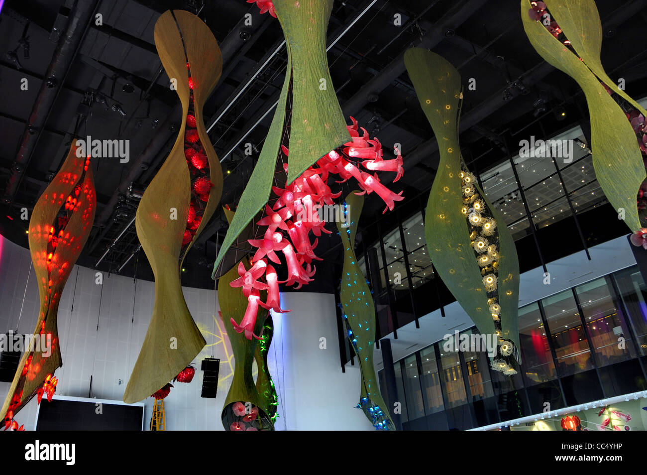 Large flowery decoration hanging from the ceiling of an exhibition hall ...