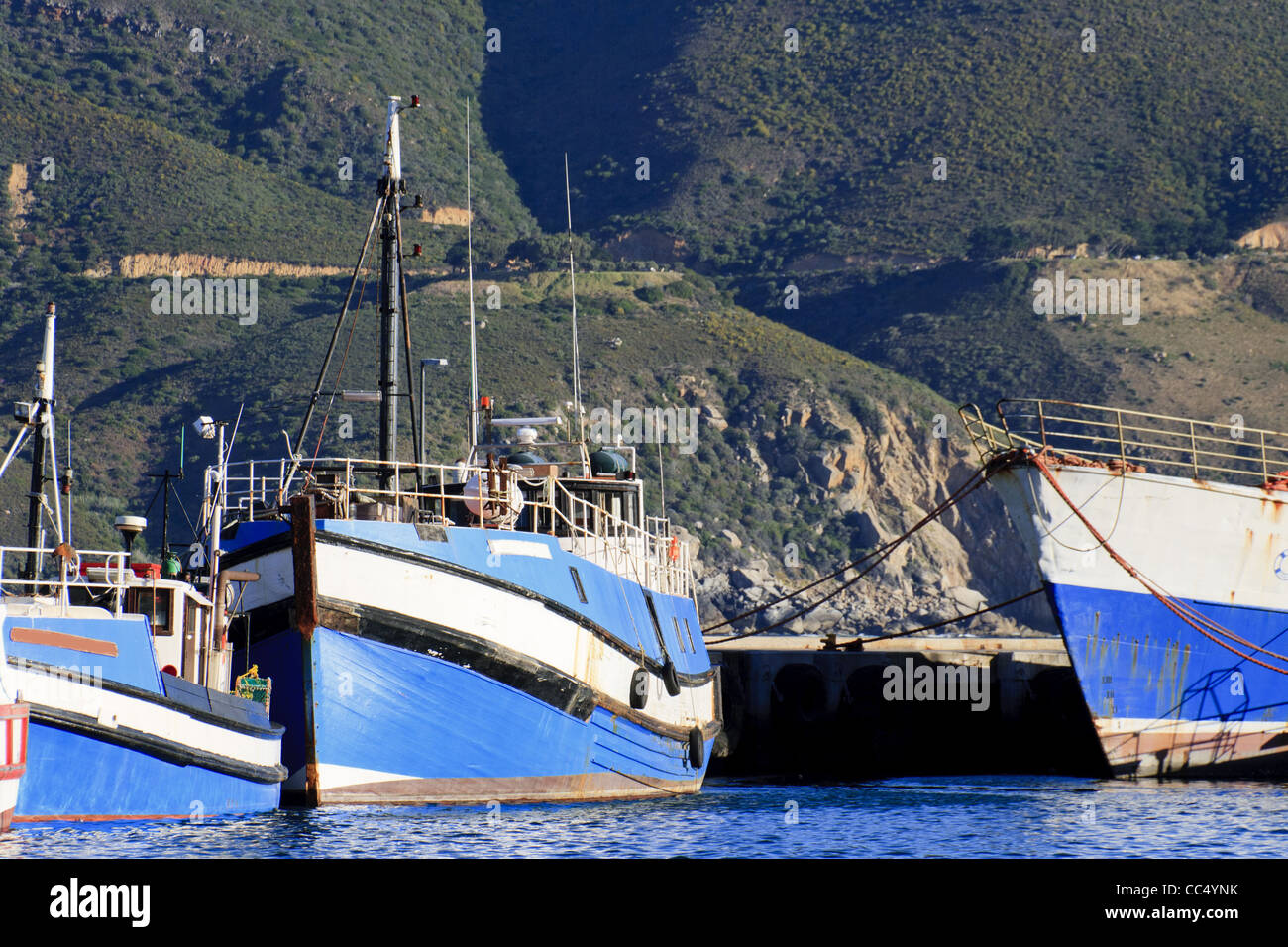 Large Blue Fishing trawlers with a mountain backdrop in Cape Town Stock ...