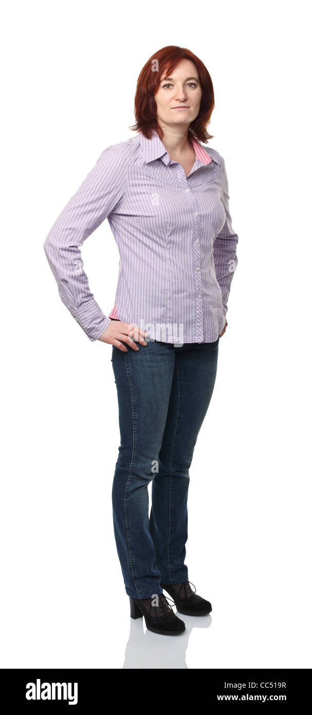 portrait of caucasian woman standing on white background Stock Photo ...
