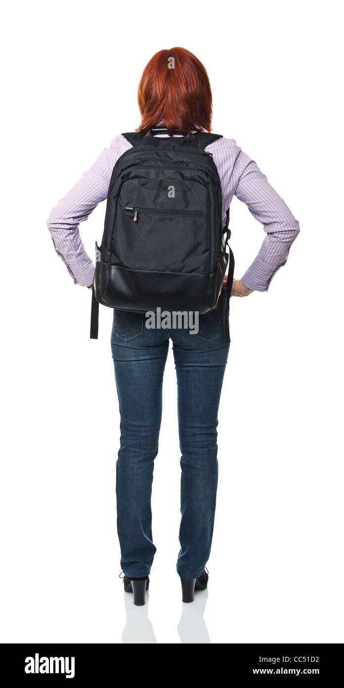 caucasian woman standing back view with backpack Stock Photo - Alamy
