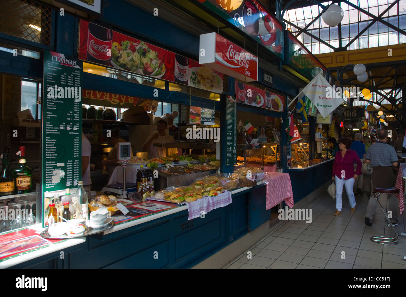Food stalls for tourists in Nagycsarnok the Great Market Hall central ...